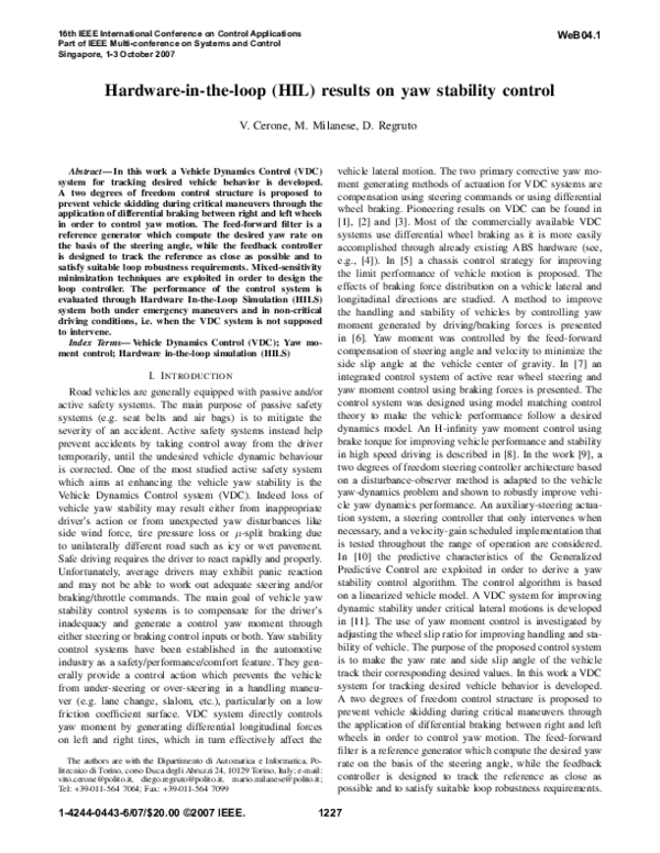 (PDF) Hardware-in-the-loop (HIL) results on yaw stability control