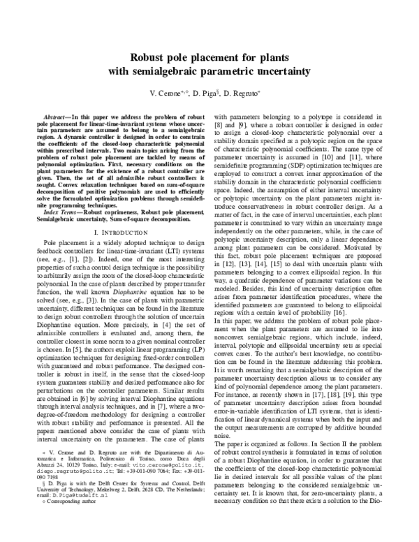 (PDF) Robust pole placement for plants with semialgebraic parametric uncertainty