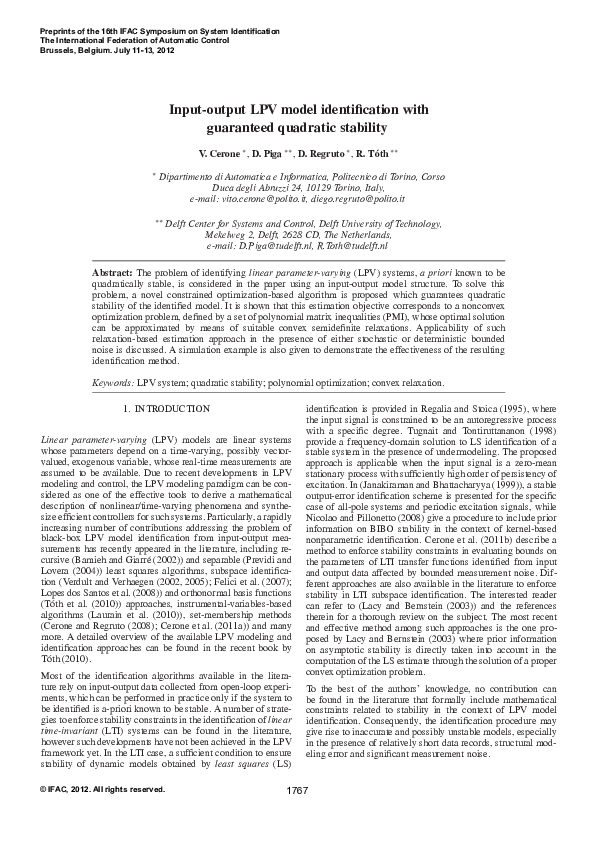(PDF) Input-output LPV model identification with guaranteed quadratic stability