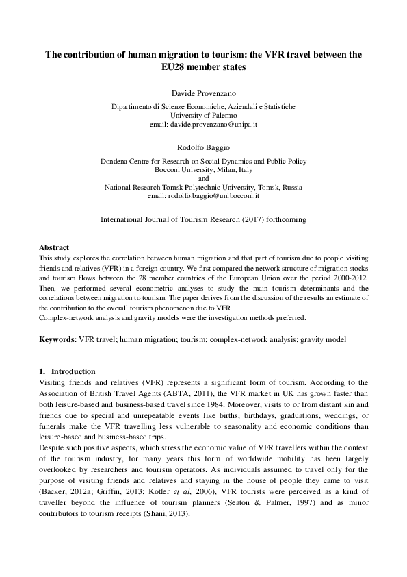 (PDF) The contribution of human migration to tourism: The VFR travel ...