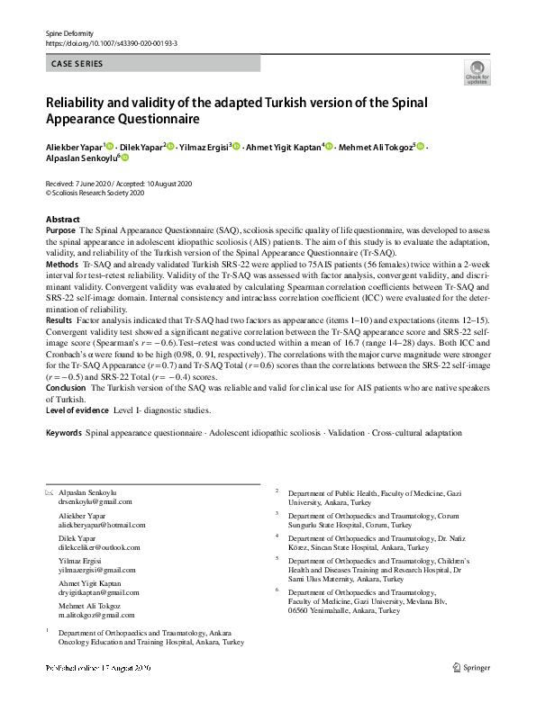 (PDF) Reliability and Validity of Adapted Turkish Version of Scoliosis ...