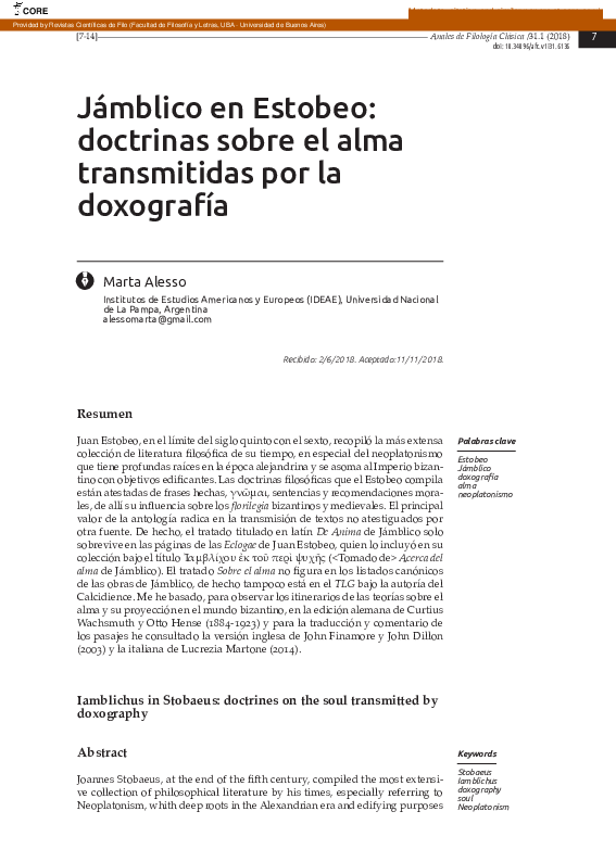 (PDF) Jámblico en Estobeo: doctrinas sobre el alma transmitidas por la ...