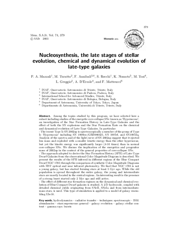 (PDF) Nucleosynthesis, the late stages of stellar evolution, chemical and dynamical evolution of ...