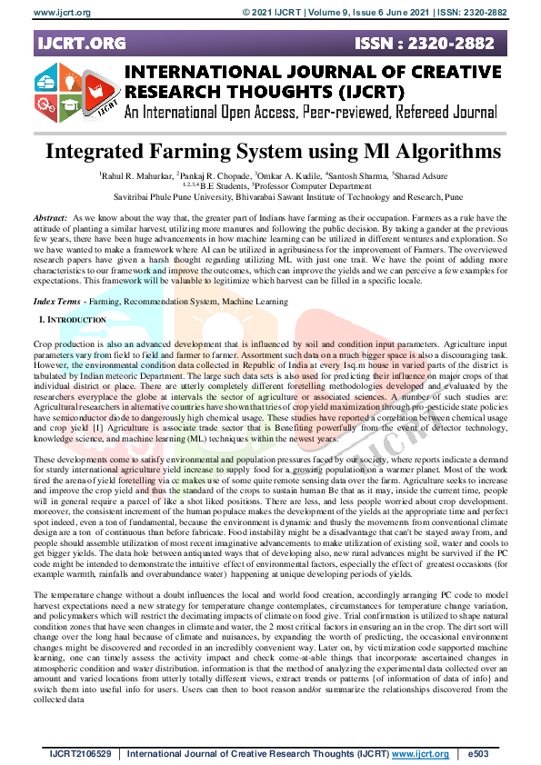 (PDF) Integrated Farming System using Ml Algorithms