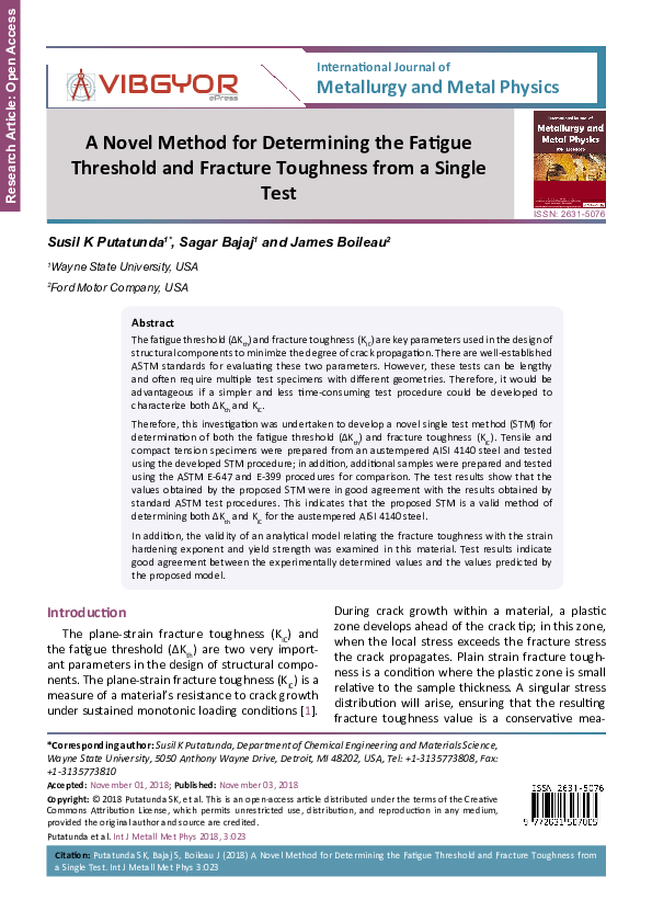 (PDF) A Novel Method for Determining the Fatigue Threshold and Fracture Toughness from a Single ...
