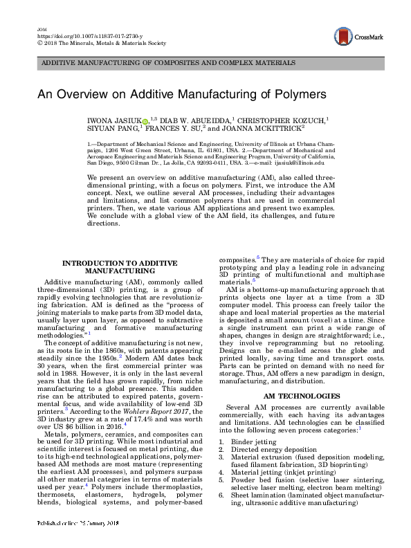 (PDF) An Overview on Additive Manufacturing of Polymers