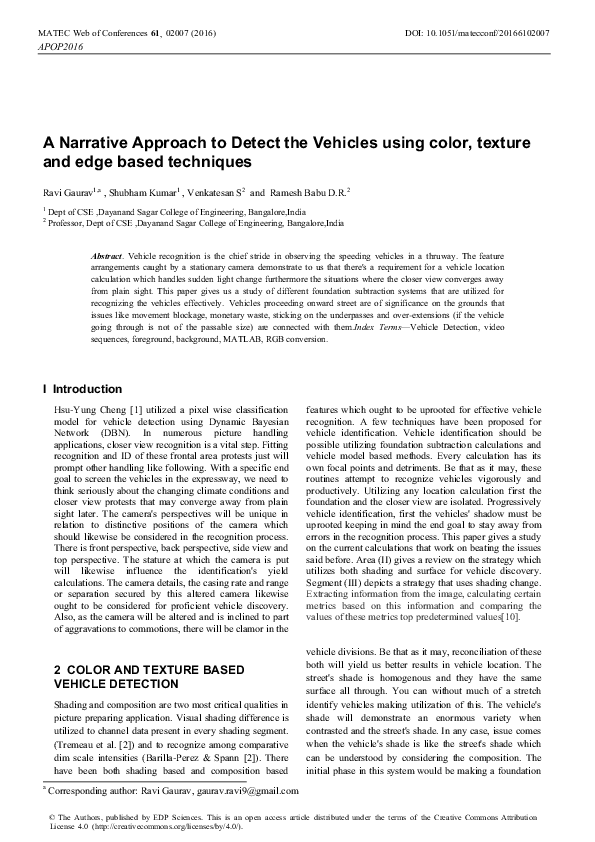 (PDF) A Narrative Approach to Detect the Vehicles using color, texture and edge based techniques ...