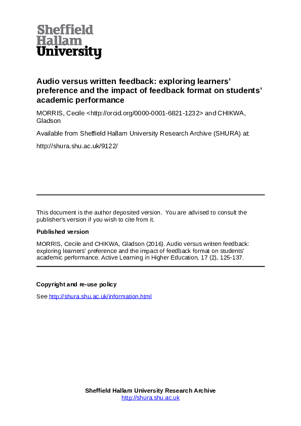 (PDF) Audio versus written feedback: Exploring learners’ preference and the impact of feedback ...
