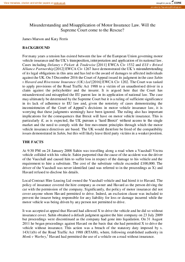 (PDF) Misunderstanding and Misapplication of Motor Insurance Law. Will ...