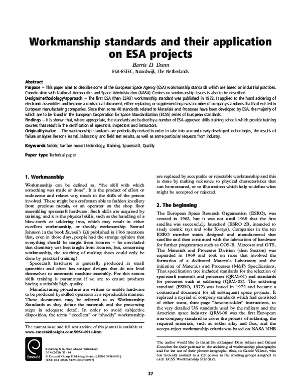 (PDF) Workmanship standards and their application on ESA projects