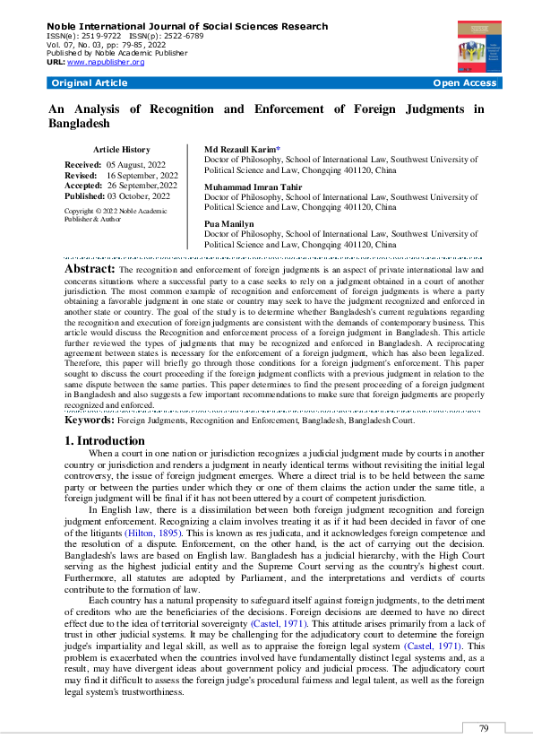 (PDF) An Analysis of Recognition and Enforcement of Foreign Judgments in Bangladesh