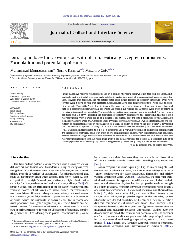 (PDF) Ionic liquid based microemulsion with pharmaceutically accepted components: Formulation ...