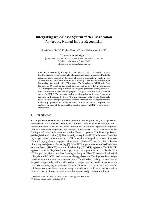 Pdf Integrating Rule Based System With Classification For Arabic Named Entity Recognition