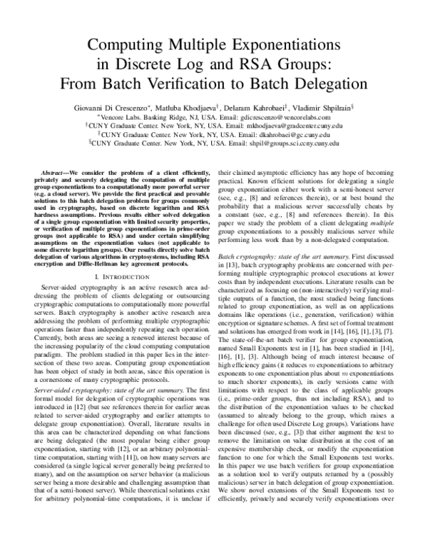 (PDF) Computing multiple exponentiations in discrete log and RSA groups: From batch verification ...