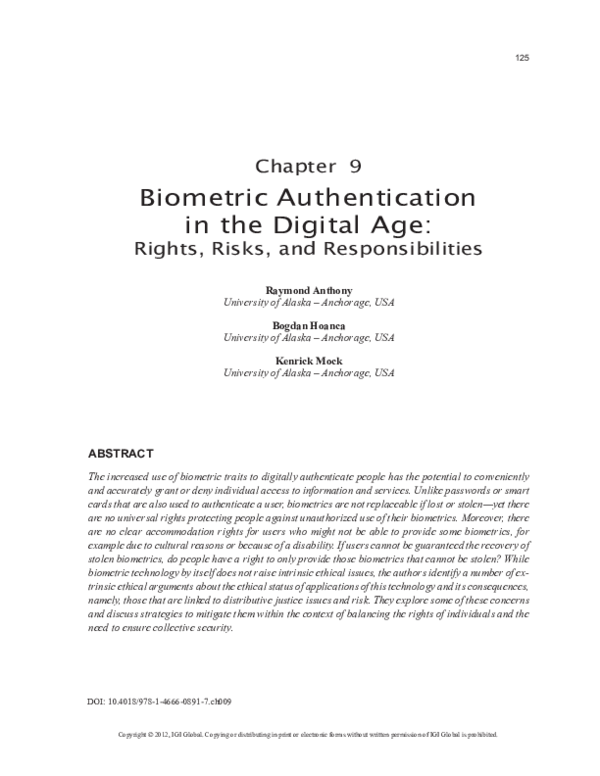 Pdf Biometric Authentication In The Digital Age Raymond Anthony