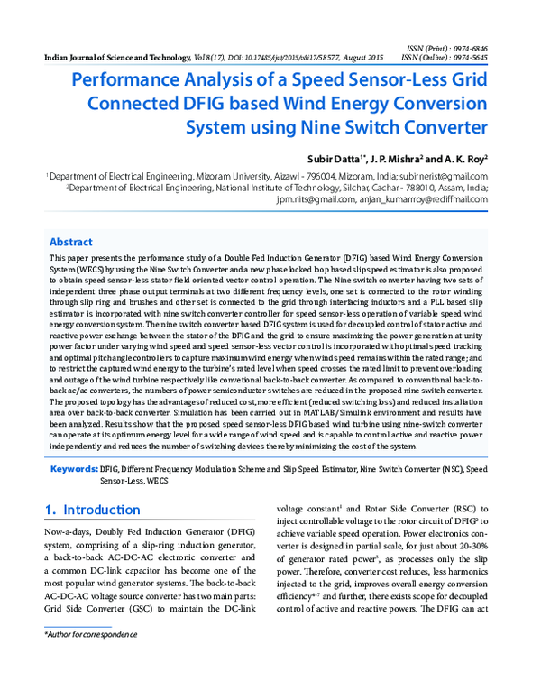 (PDF) Performance Analysis of a Speed Sensor-Less Grid Connected DFIG based Wind Energy ...