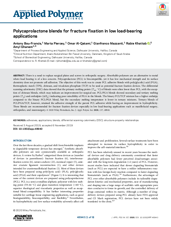 (PDF) Polycaprolactone blends for fracture fixation in low load‐bearing ...