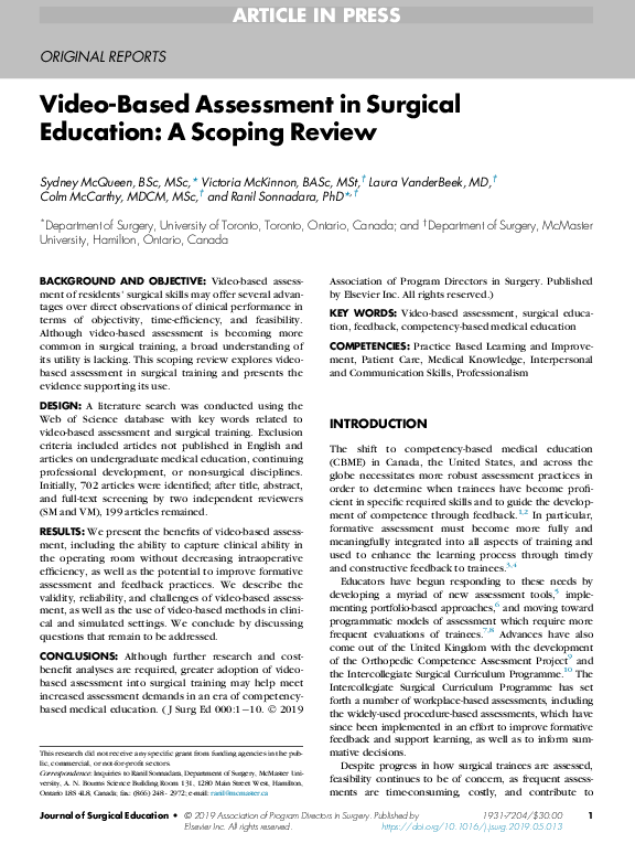 (PDF) Video-Based Assessment in Surgical Education: A Scoping Review