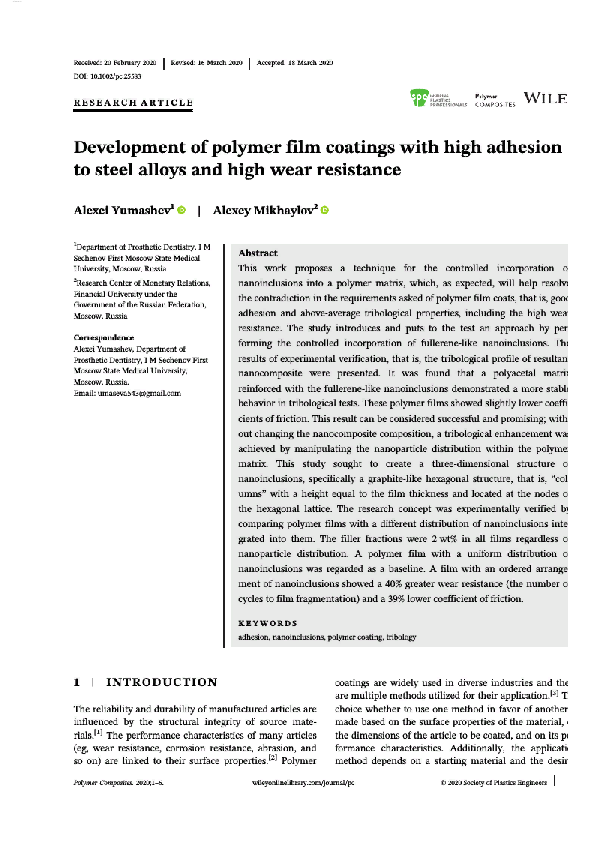 (PDF) Development of polymer film coatings with high adhesion to steel ...