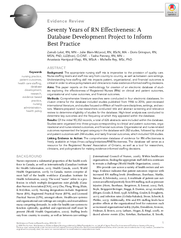 (PDF) Seventy Years of RN Effectiveness: A Database Development Project to Inform Best Practice