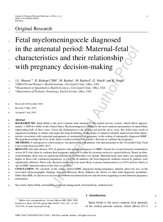 (PDF) Fetal myelomeningocele diagnosed in the antenatal period: Maternal-fetal characteristics ...