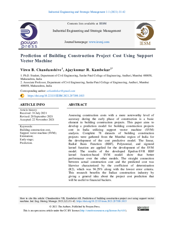 Pdf Prediction Of Building Construction Project Cost Using Support Vector Machine