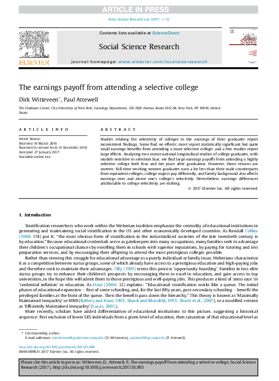 (PDF) The earnings payoff from attending a selective college