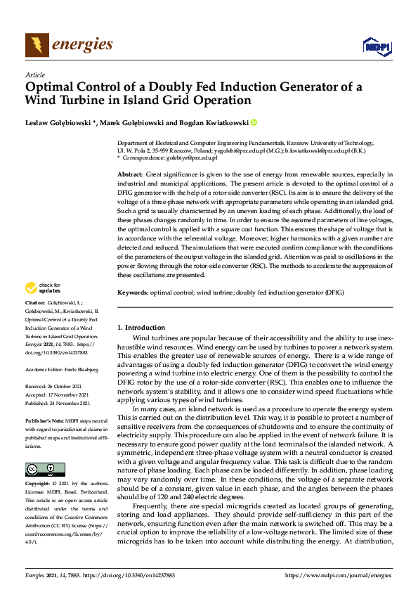 Pdf Optimal Control Of A Doubly Fed Induction Generator Of A Wind Turbine In Island Grid Operation