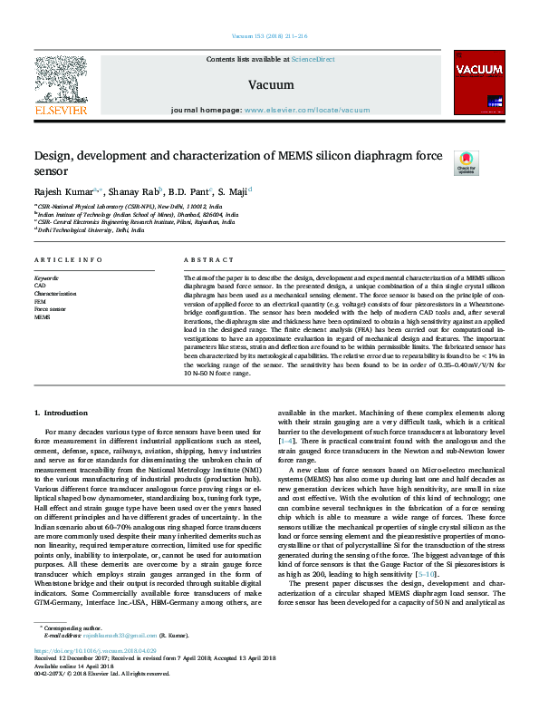 (PDF) Design, development and characterization of MEMS silicon diaphragm force sensor