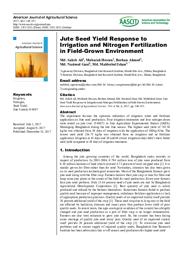 (PDF) Jute Seed Yield Response to Irrigation and Nitrogen Fertilization ...