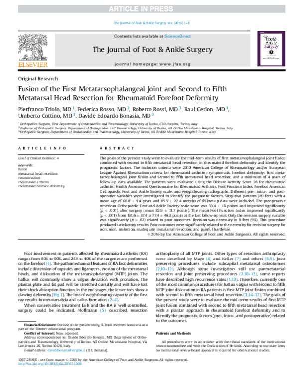 (PDF) Fusion of the First Metatarsophalangeal Joint and Second to Fifth ...