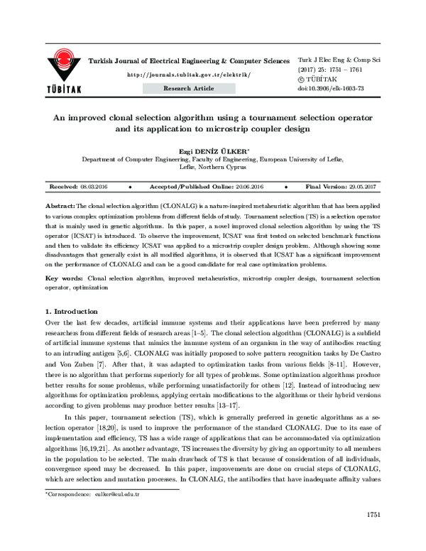 (PDF) An improved clonal selection algorithm using a tournament selection operator and its ...