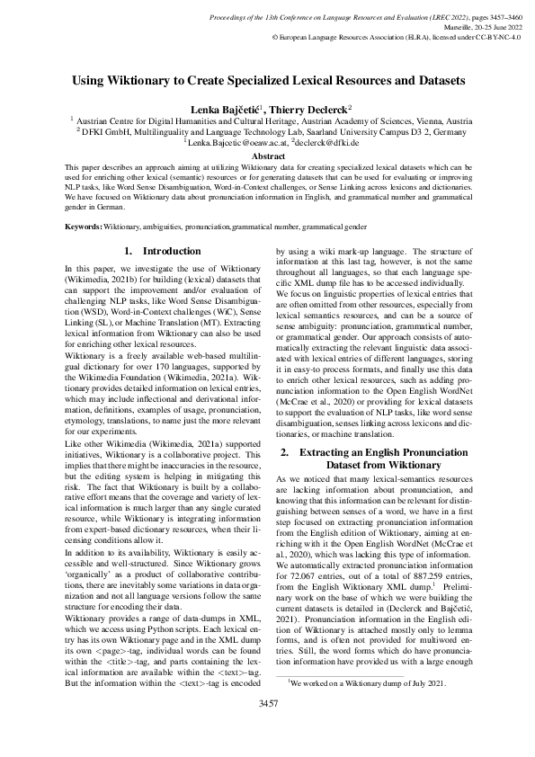 (PDF) UsingWiktionary to Create Specialized Lexical Resources and Datasets