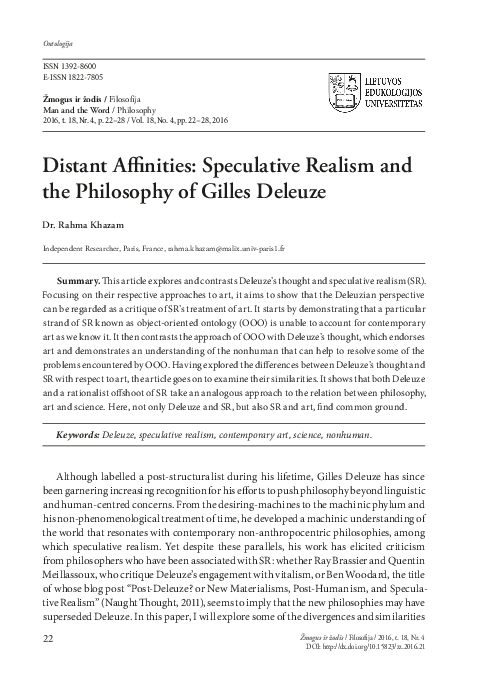 (PDF) Distant Affinities: Speculative Realism and the Philosophy of ...