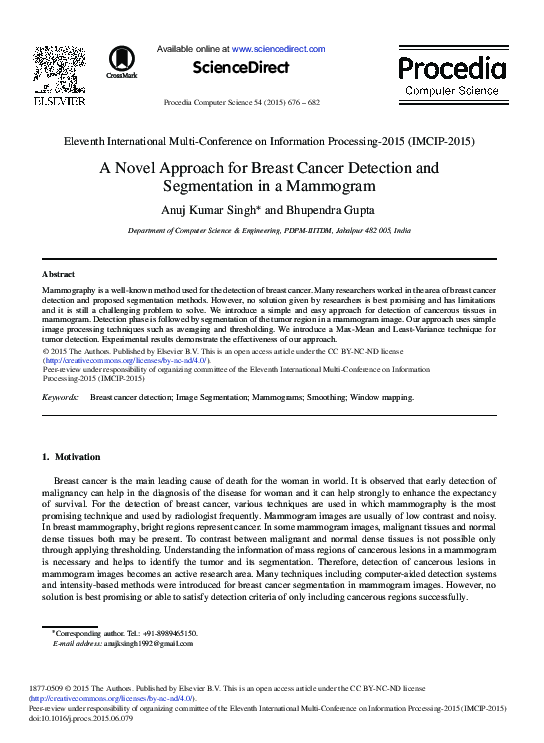 (PDF) A Novel Approach for Breast Cancer Detection and Segmentation in a Mammogram