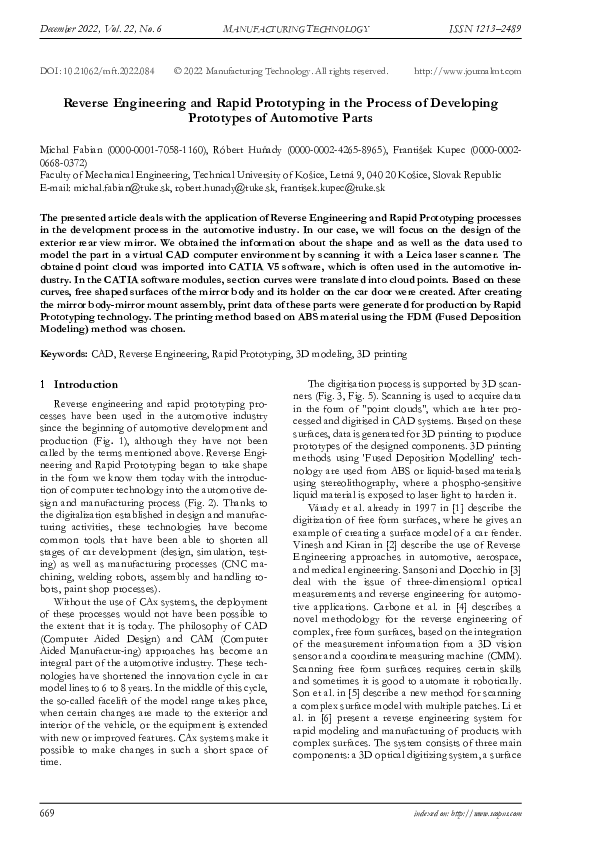 (PDF) Reverse Engineering and Rapid Prototyping in the Process of Developing Prototypes of ...