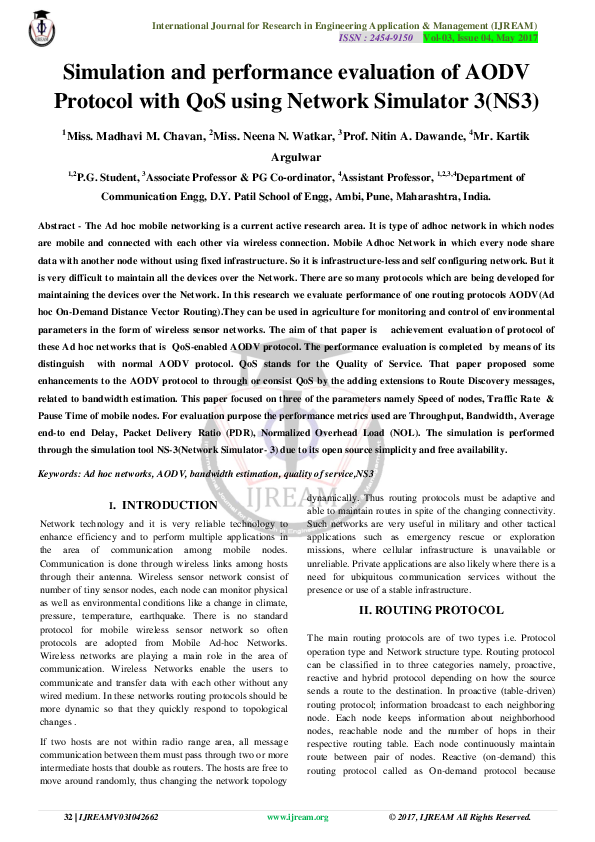 (PDF) Simulation and performance evaluation of AODV Protocol with QoS ...