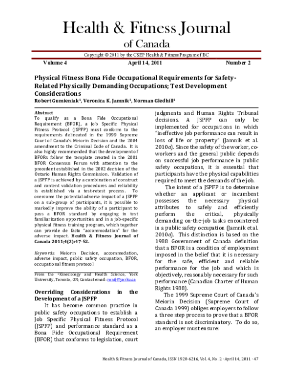 (PDF) Physical Fitness Bona Fide Occupational Requirements for Safety ...