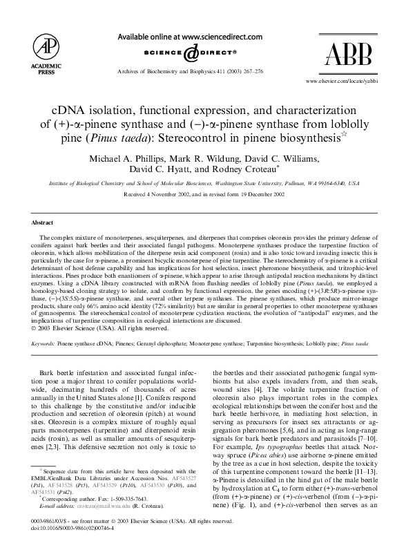 (PDF) cDNA isolation, functional expression, and characterization of (+)-α-pinene synthase and ...