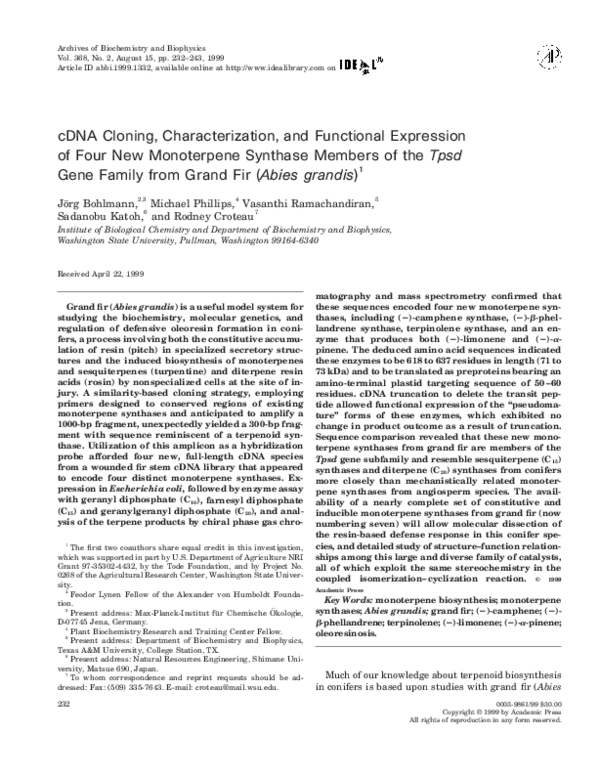 (PDF) cDNA Cloning, Characterization, and Functional Expression of Four New Monoterpene Synthase ...