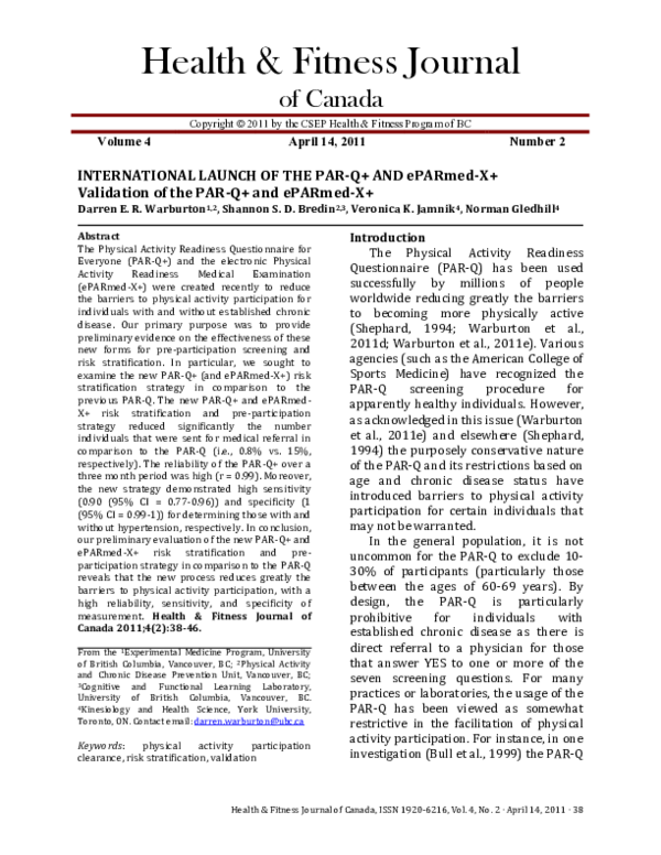 (PDF) Validation of the PAR-Q+ and ePARmed-X+
