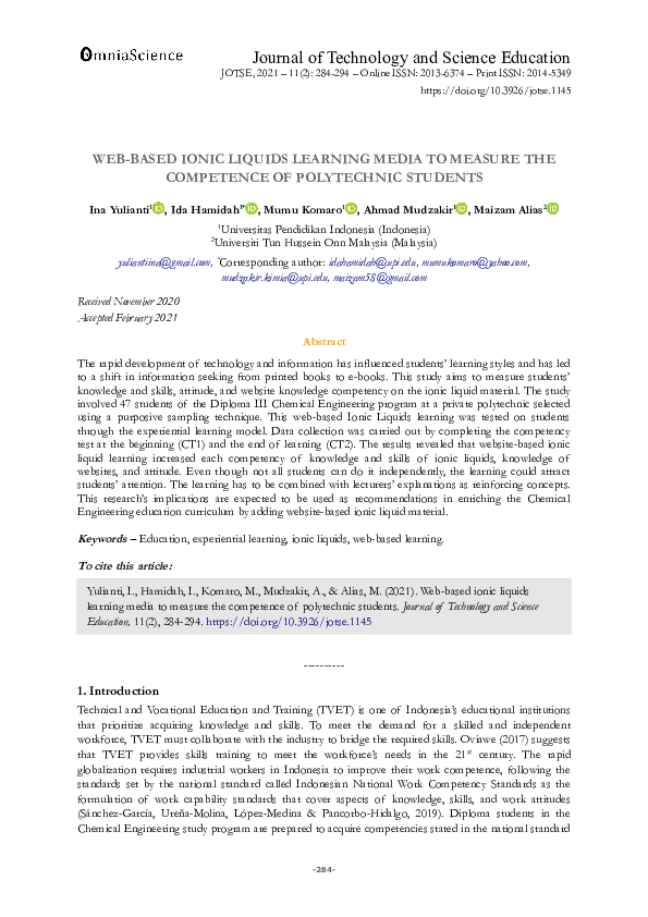 (PDF) Web-based ionic liquids learning media to measure the competence of the Polytechnic student