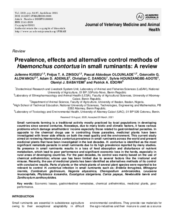 (PDF) Prevalence, effects and alternative control methods of Haemonchus ...