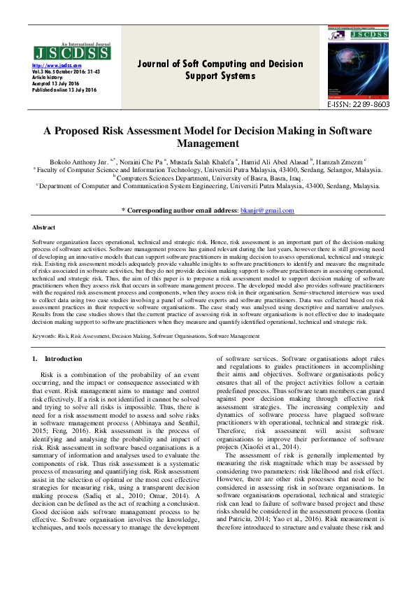 (PDF) A Proposed Risk Assessment Model for Decision Making in Software ...
