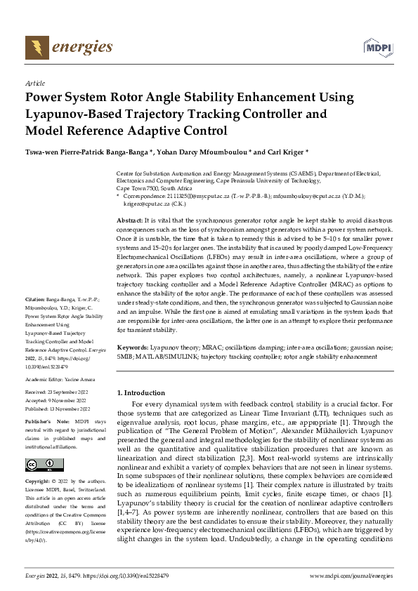 (PDF) Power System Rotor Angle Stability Enhancement Using Lyapunov ...