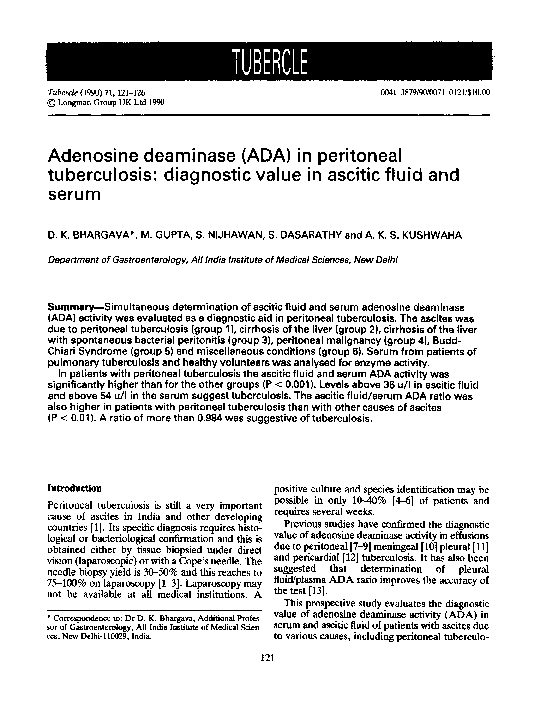 (PDF) Adenosine deaminase (ADA) in peritoneal tuberculosis: Diagnostic ...