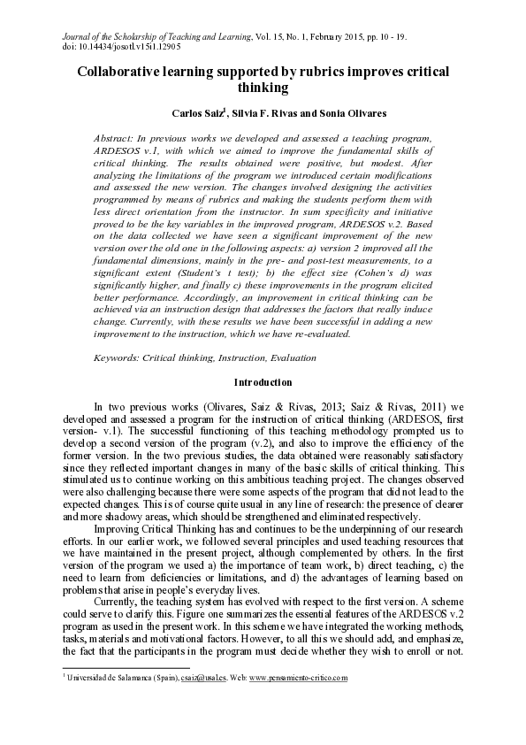(PDF) Collaborative learning supported by rubrics improves critical thinking
