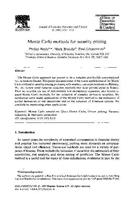 Pdf Monte Carlo Methods For Security Pricing
