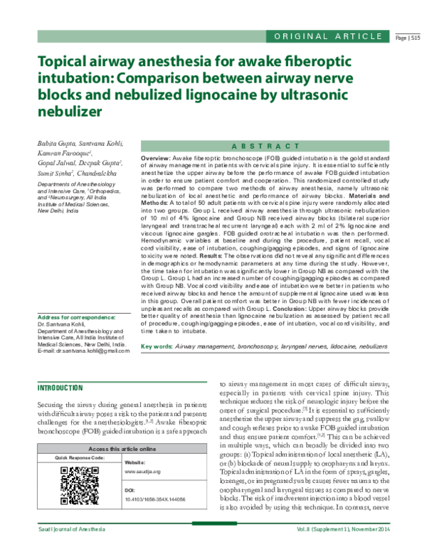 (PDF) Topical airway anesthesia for awake fiberoptic intubation ...