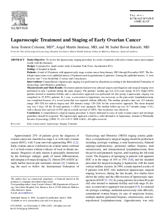 (PDF) Laparoscopic Treatment and Staging of Early Ovarian Cancer